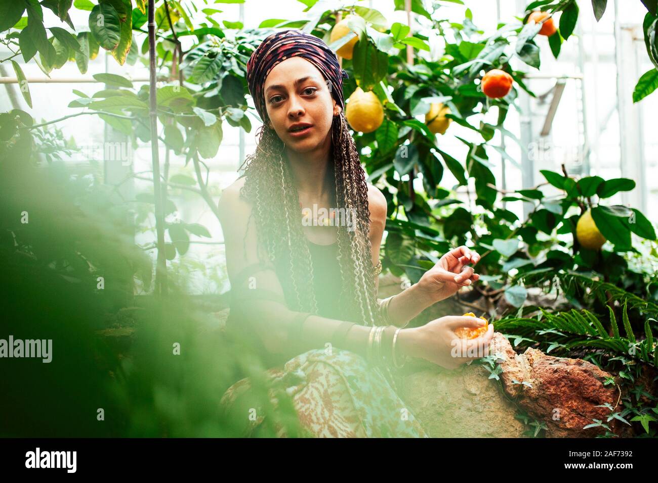 pretty islam woman in orange grove smiling, real muslim girl cheerful ...