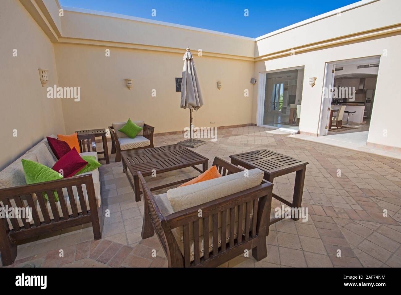 Luxury villa show home in tropical summer holiday resort with sun ...