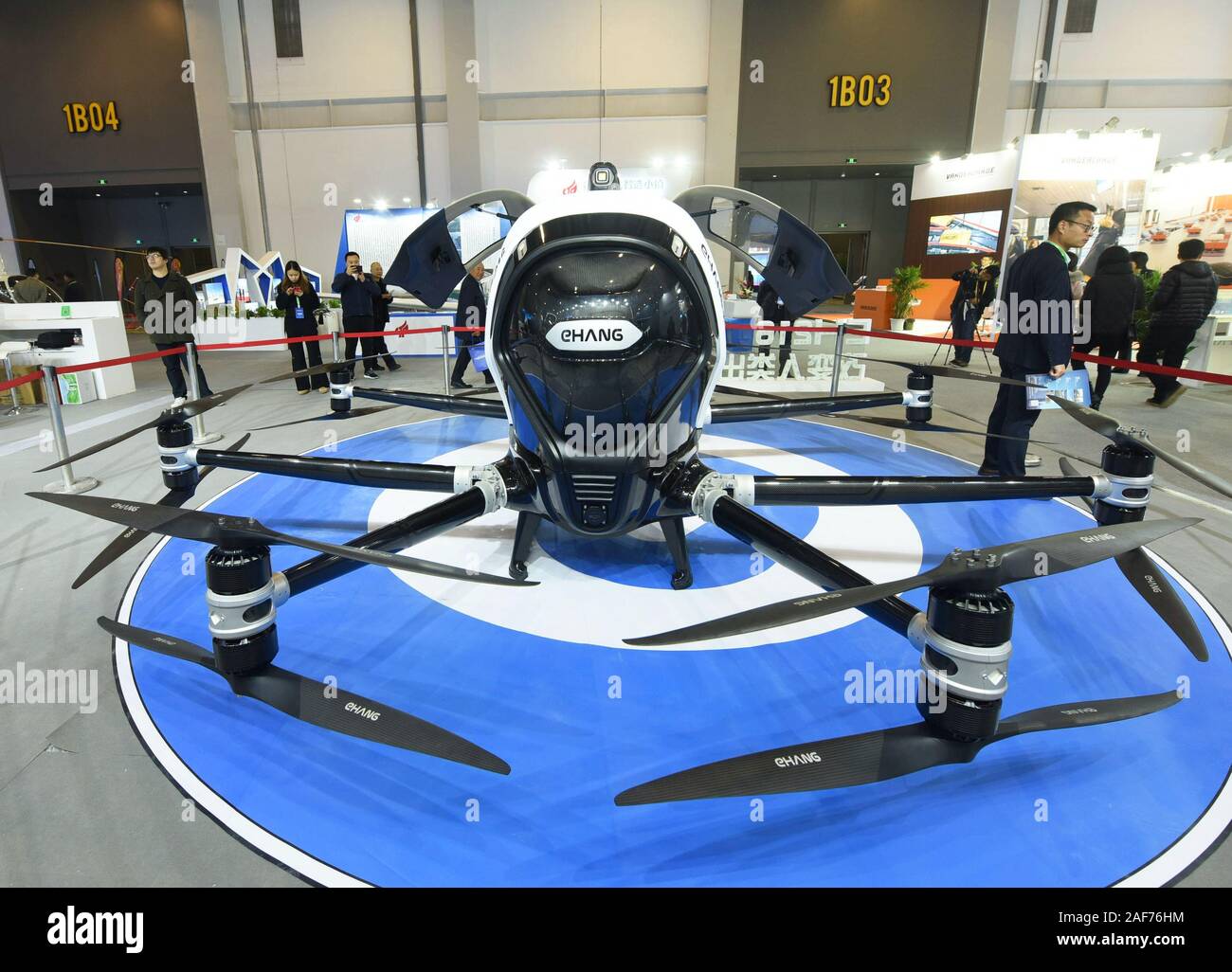 The electric autonomous aerial vehicle (AAV) eHang 216 is on display ...