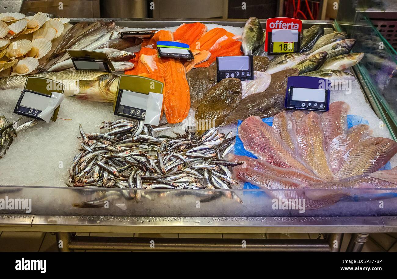 Italian fish market with many different fresh fishes at Liguria ...