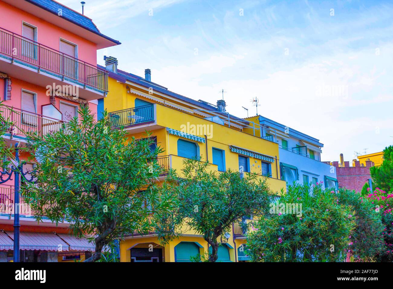Sunny Cityscape of little street in Moneglia village in Liguria, Italy ...