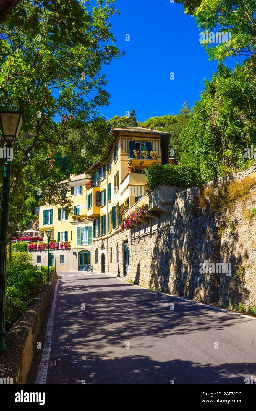 Beautiful traditional street with flowers of the Portofino, Liguria ...