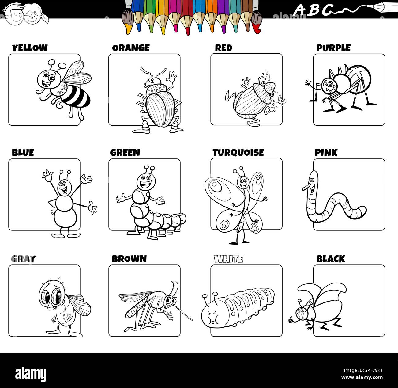 Black and White Cartoon Illustration of Basic Colors with Funny Insects ...