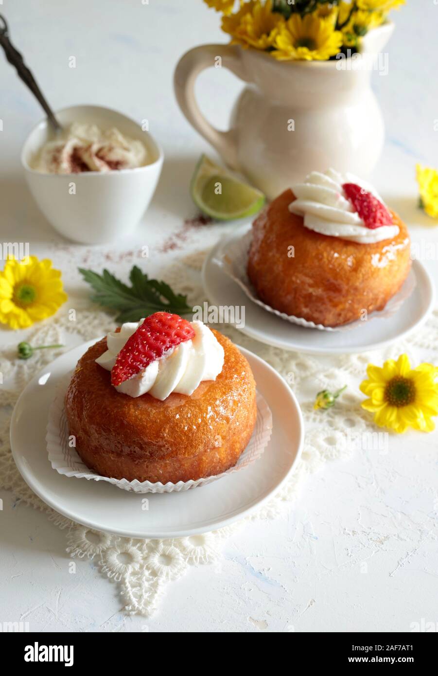 Concept of italian food. Babà al rum-Neapolitan Rum Cake. Top view of ...