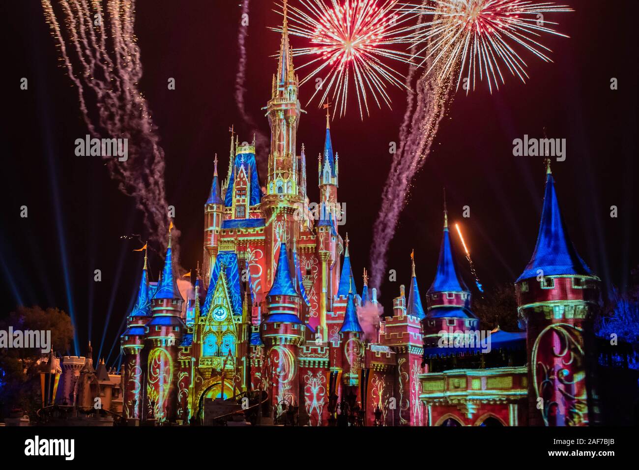 Orlando, Florida. December 05, 2019. Spectacular fireworks in Happily ...