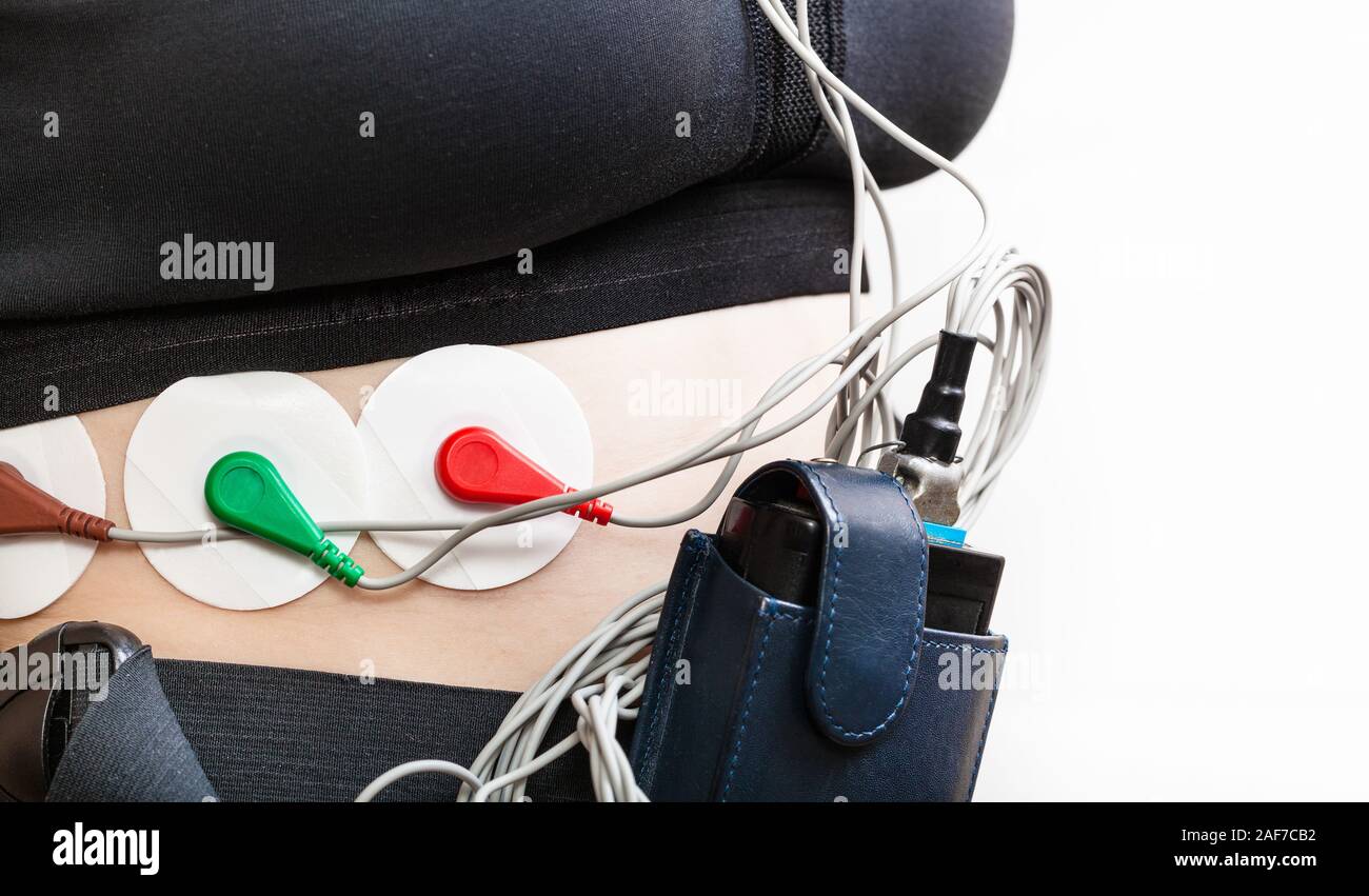 side view of recorder and electrodes of Holter monitoring of ...