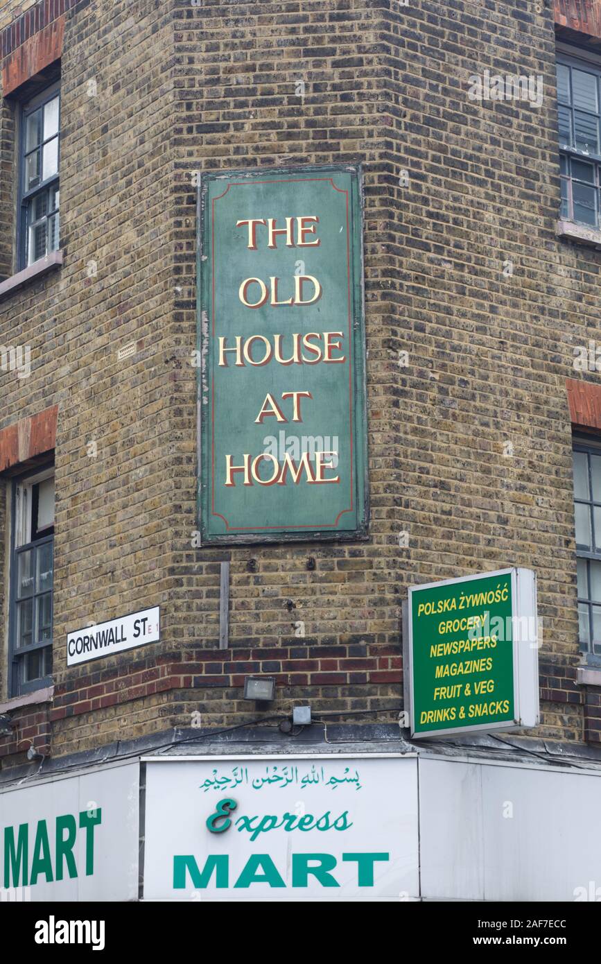 The old house at home sign on the side of a building in Cornwall street ...