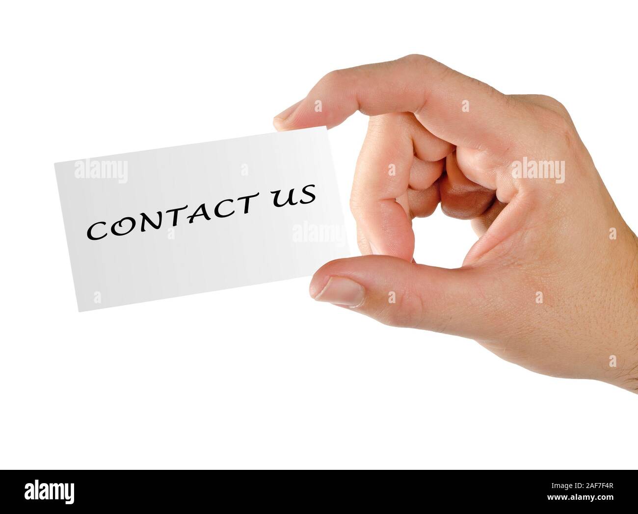 Hand with card CONTACT US Stock Photo - Alamy