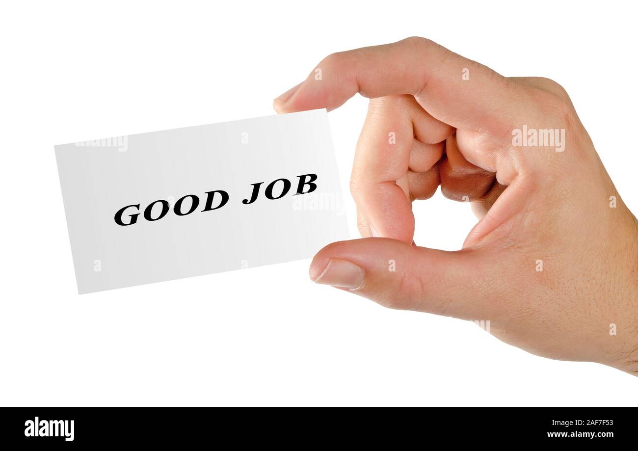 Hand with card GOOD JOB Stock Photo - Alamy