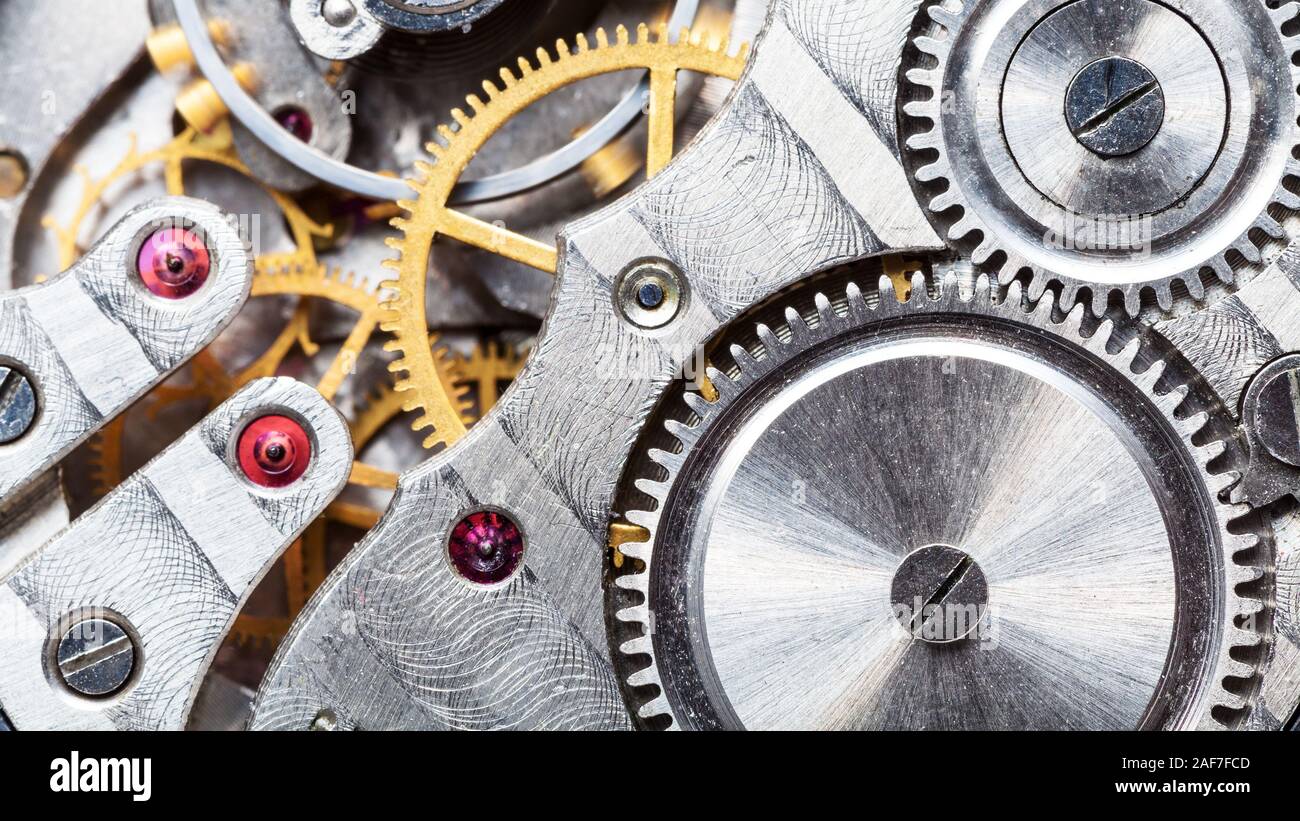 clockwork of mechanical Pocket watch with ruby, gears and toothed ...