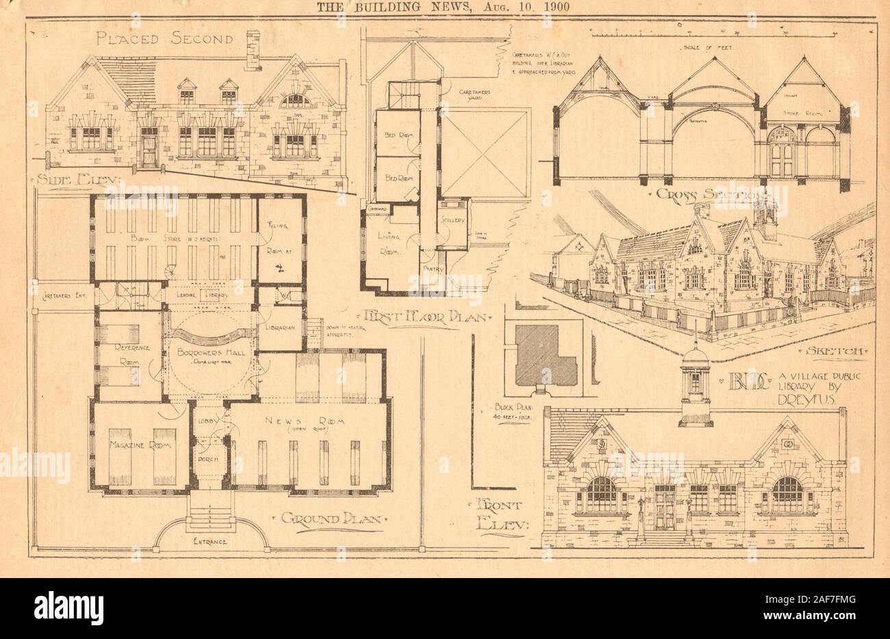 A village Public Library by Dreyfus. Ground floor, 1st floor plan 1900 ...