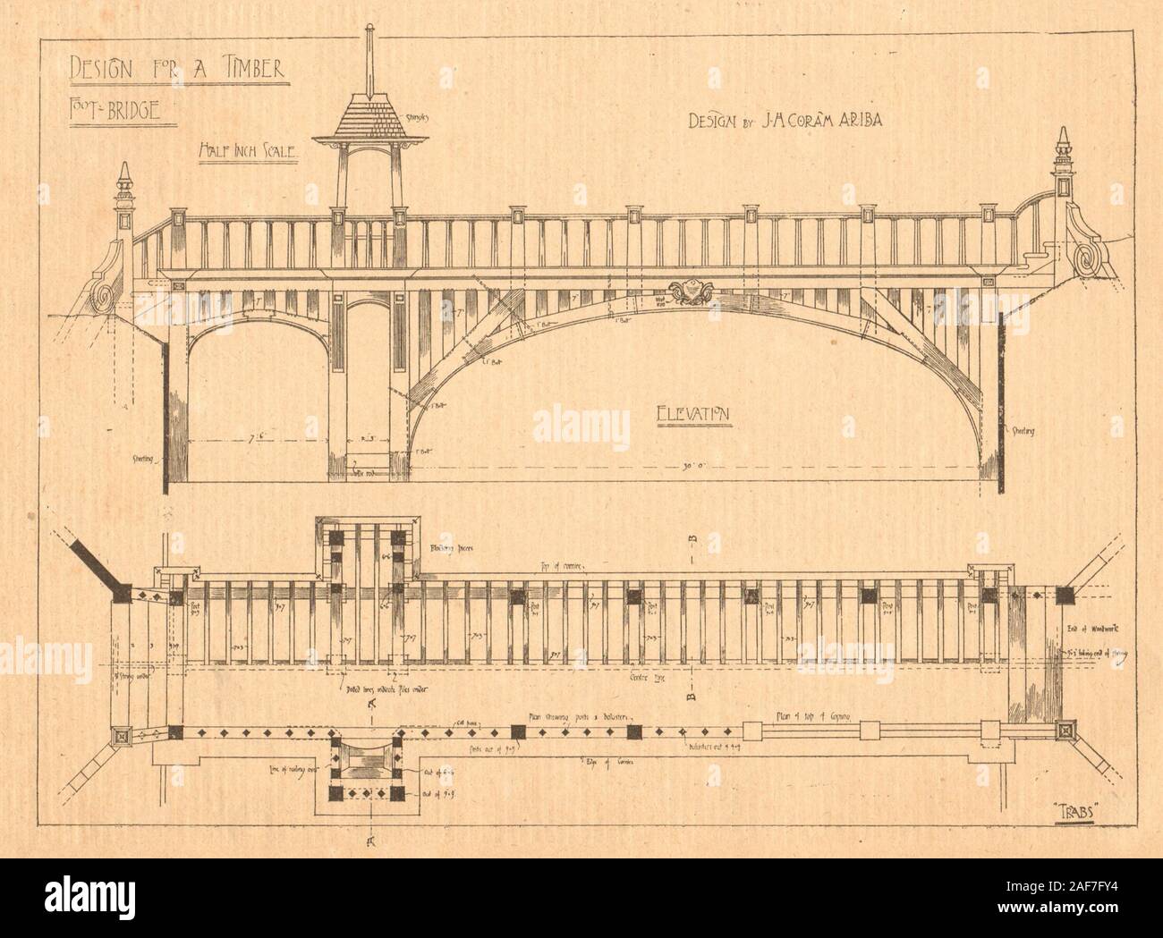 Design for a timber foot bridge by J.H. Coram, ARIBA Elevation & plan ...