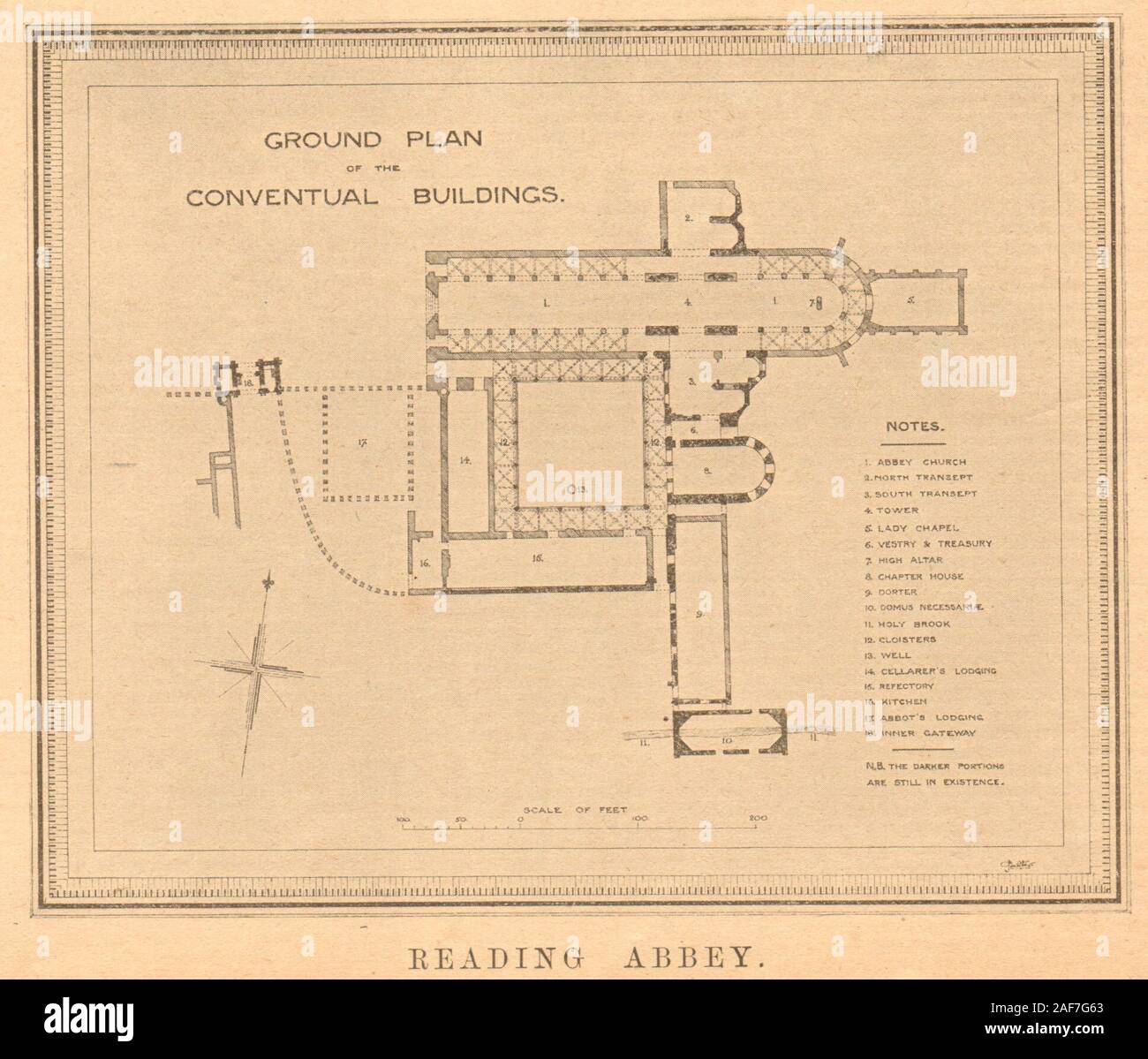 Reading Abbey. Ground plan of the Conventual building 1901 old antique ...
