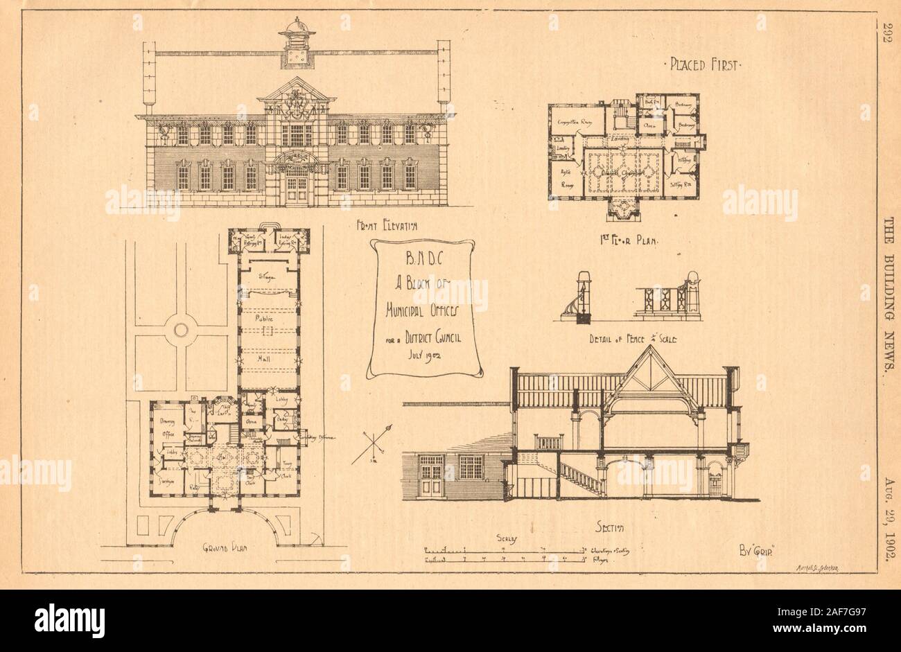 A block of municipal offices for a district council. Plan, elevation ...