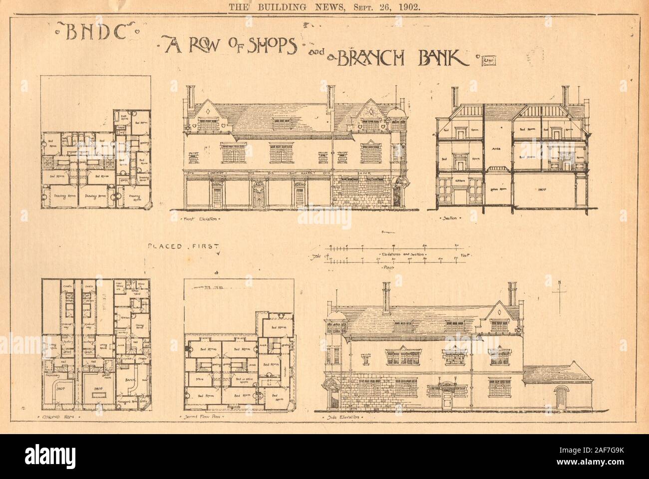 A row of shops & a branch bank. Plans, front & side elevations 1902 old ...