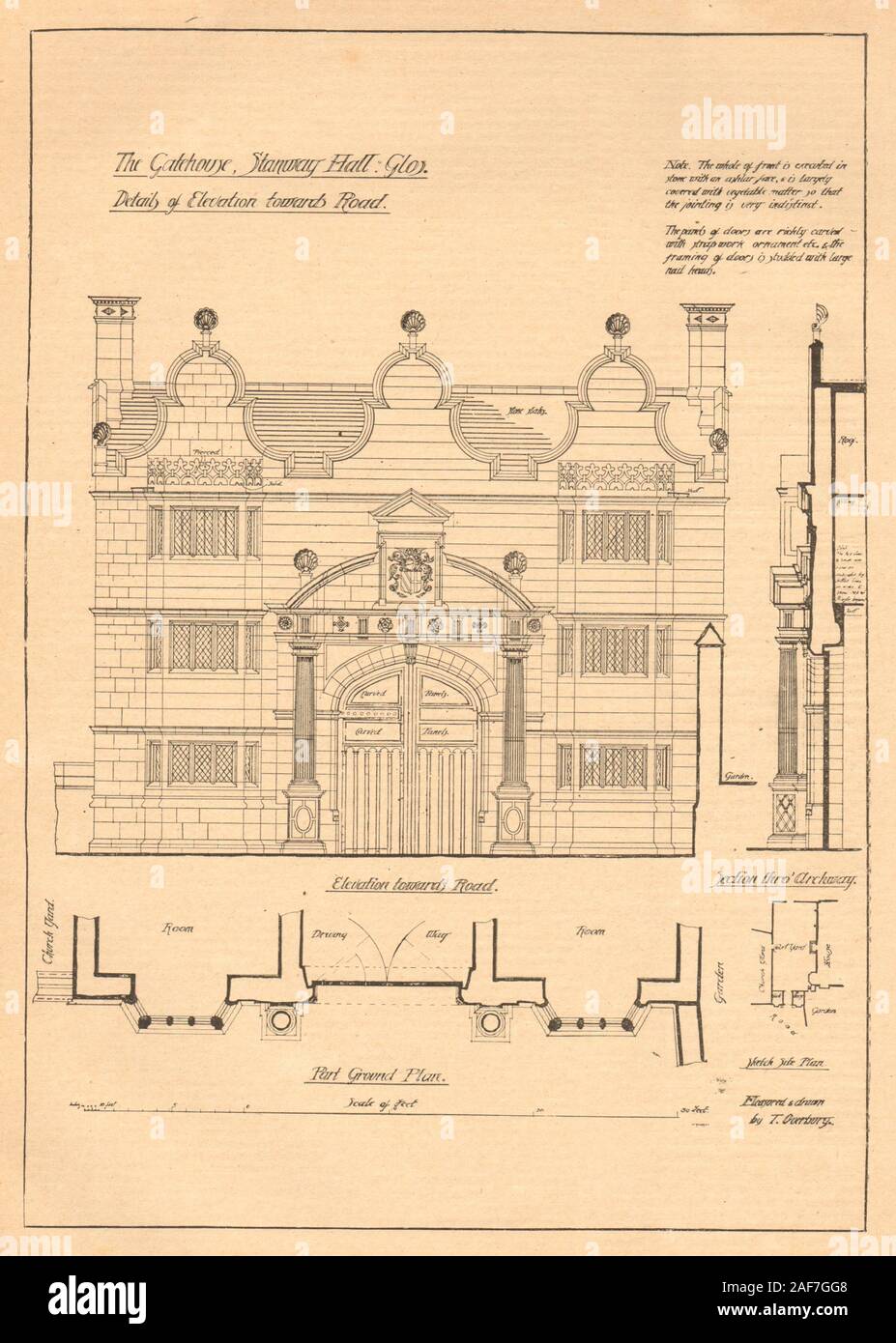 Gatehouse, Stanway Hall, Gloucestershire. Plan & elevation towards road ...