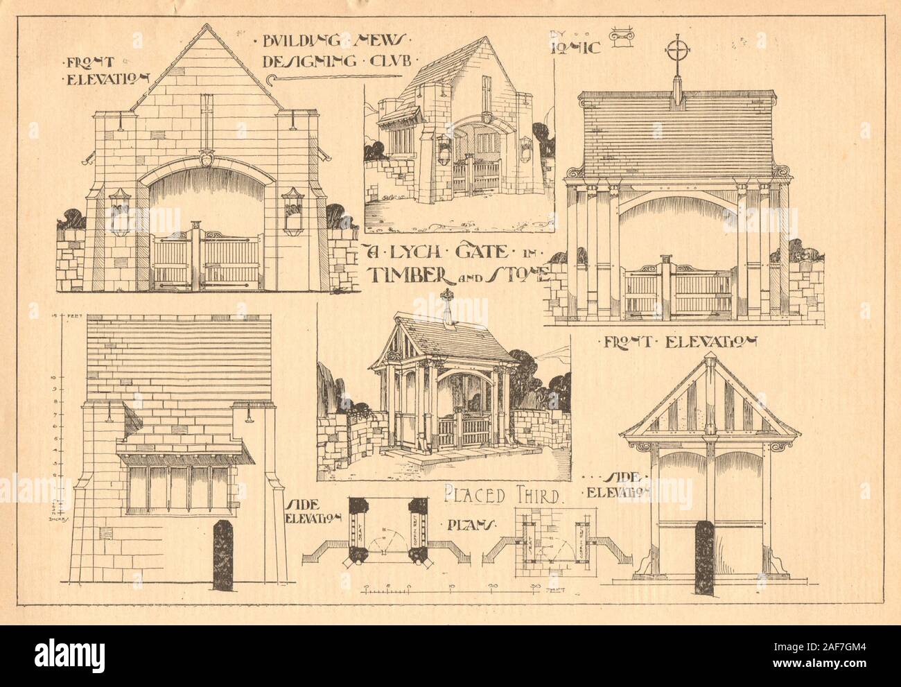 A lych gate in timber & stone. Plans & elevations 1904 old antique ...