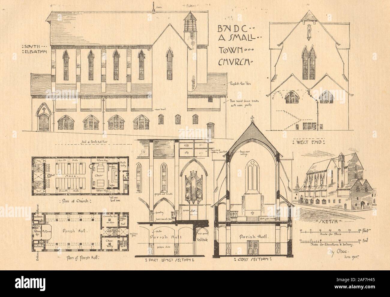 A small town church. Plans & elevations 1905 old antique vintage print ...