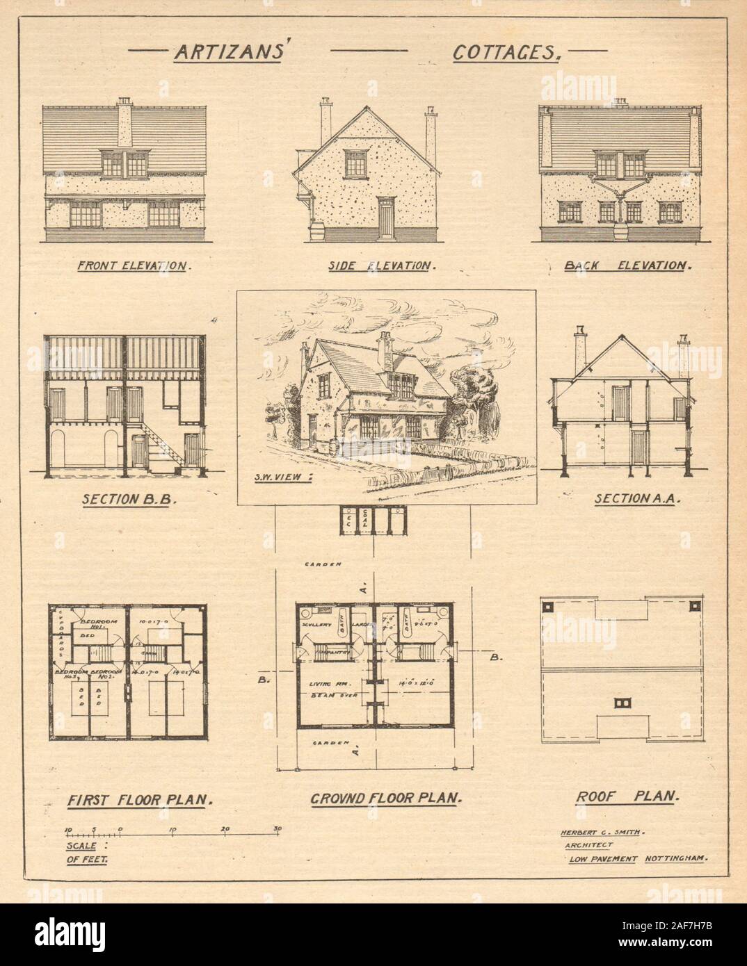Artisans Cottages. Herbert Smith Architect, Nottingham. Elevation plan ...