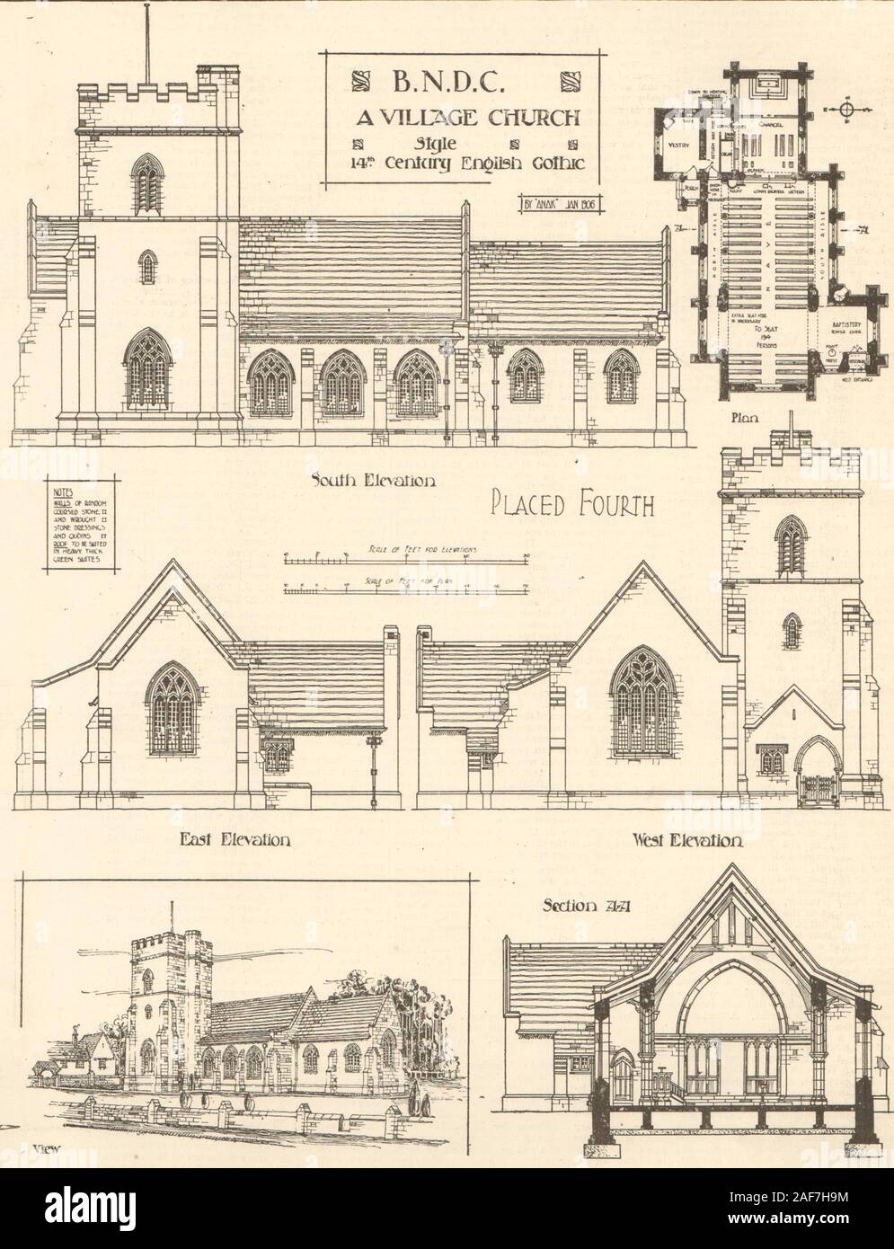 A village church style 14th century English Gothic. View, elevations ...