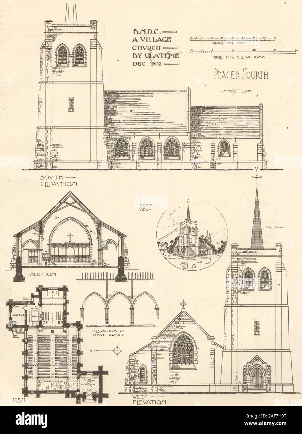A village church by Ulateme. Sketch view, elevations, plan 1906 old ...