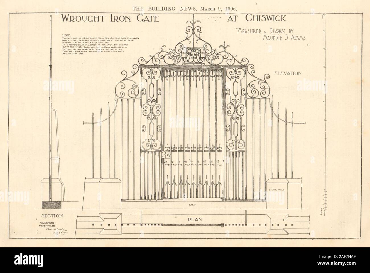 Wrought Iron Gate, Chiswick drawn by Maurice Adams. Sketch elevation ...
