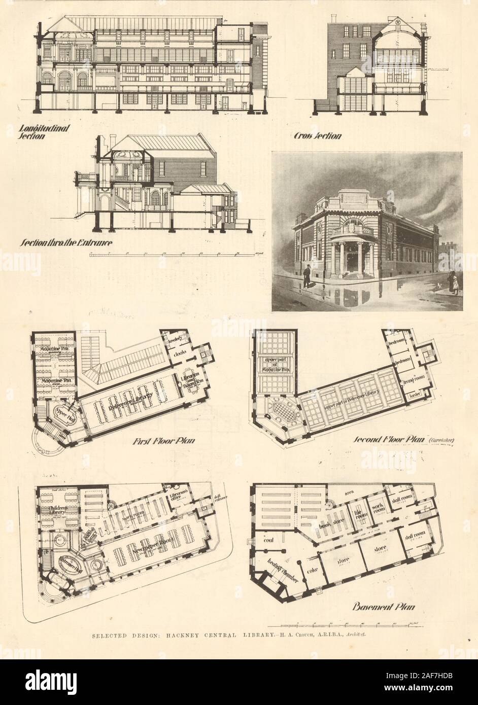 Hackney Central Library design. H.A. Crouch, Architect. Sketch section ...