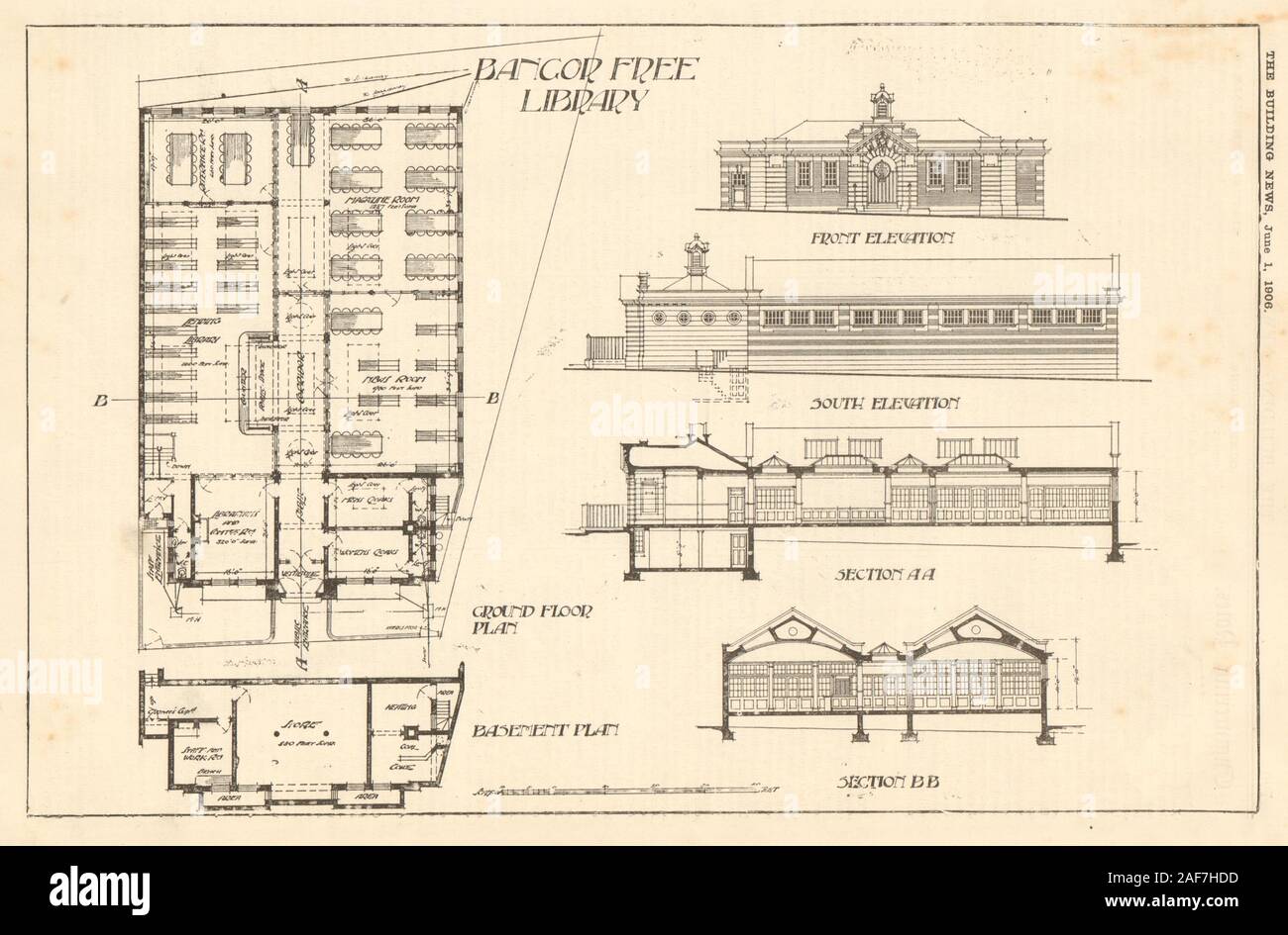 Bangor Free Library. Sections, elevations & plans. Wales 1906 old print ...
