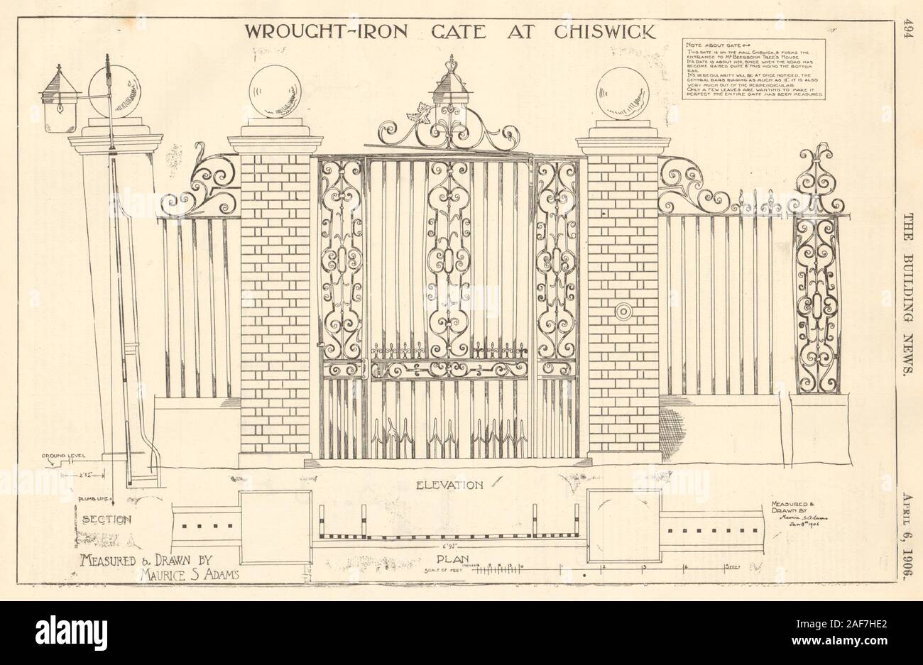 Wrought Iron Gate, Chiswick drawn by Maurice Adams. Sketch elevation ...