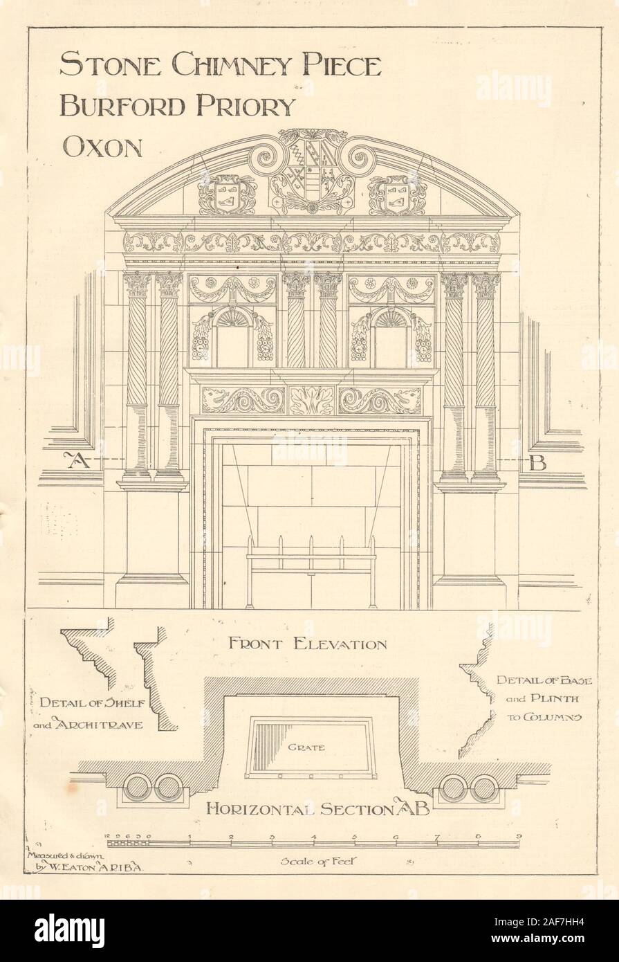 Stone chimney piece, Burford Priory. Elevation, section. Oxfordshire ...