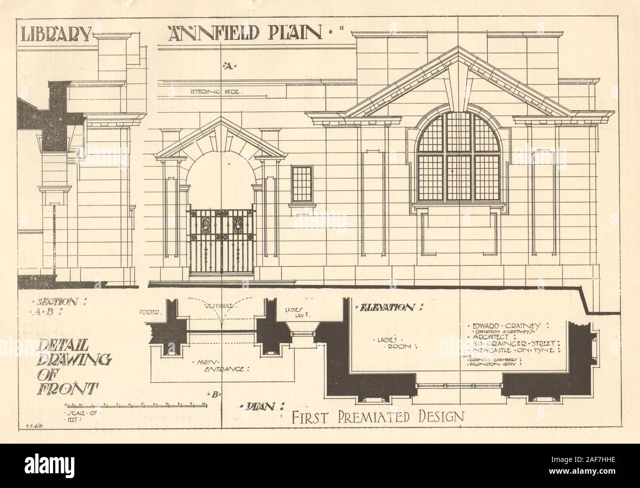 Annfield Plain Public Library. Detail drawing of front section plan ...