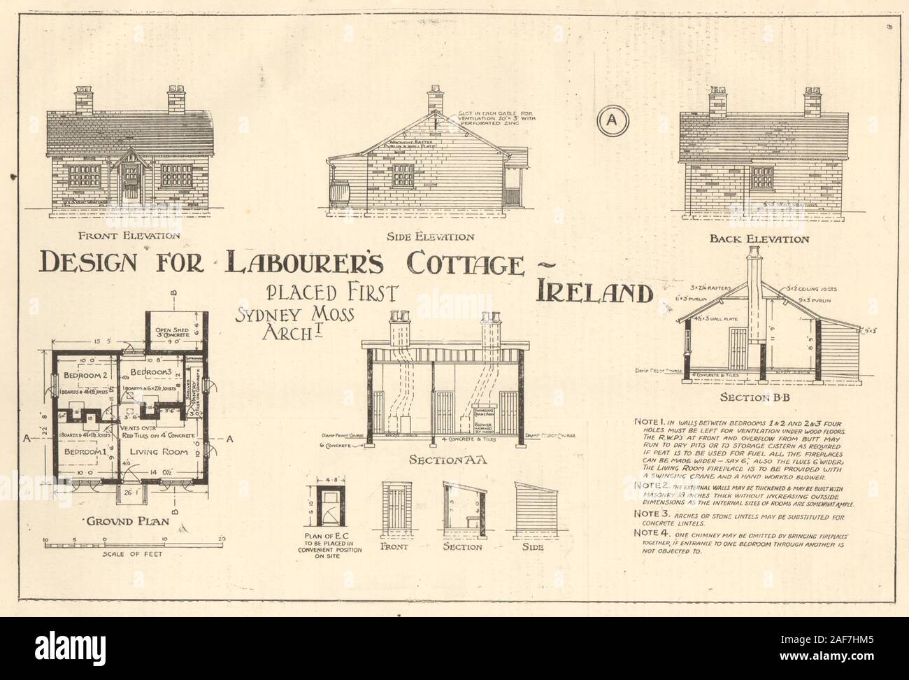 Labourer's cottage, Ireland. Sydney Moss, Architect. Elevation section ...