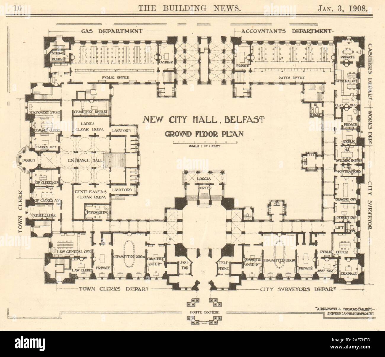 New City Hall, Belfast. Ground floor plan. Ireland 1908 old antique ...