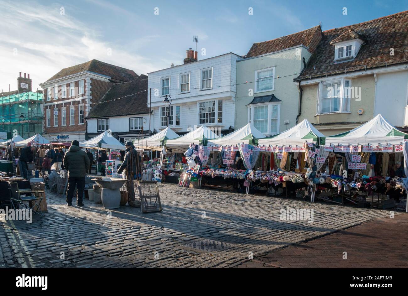 Market stalls in the medieval market town of Faversham, Kent, UK Stock ...