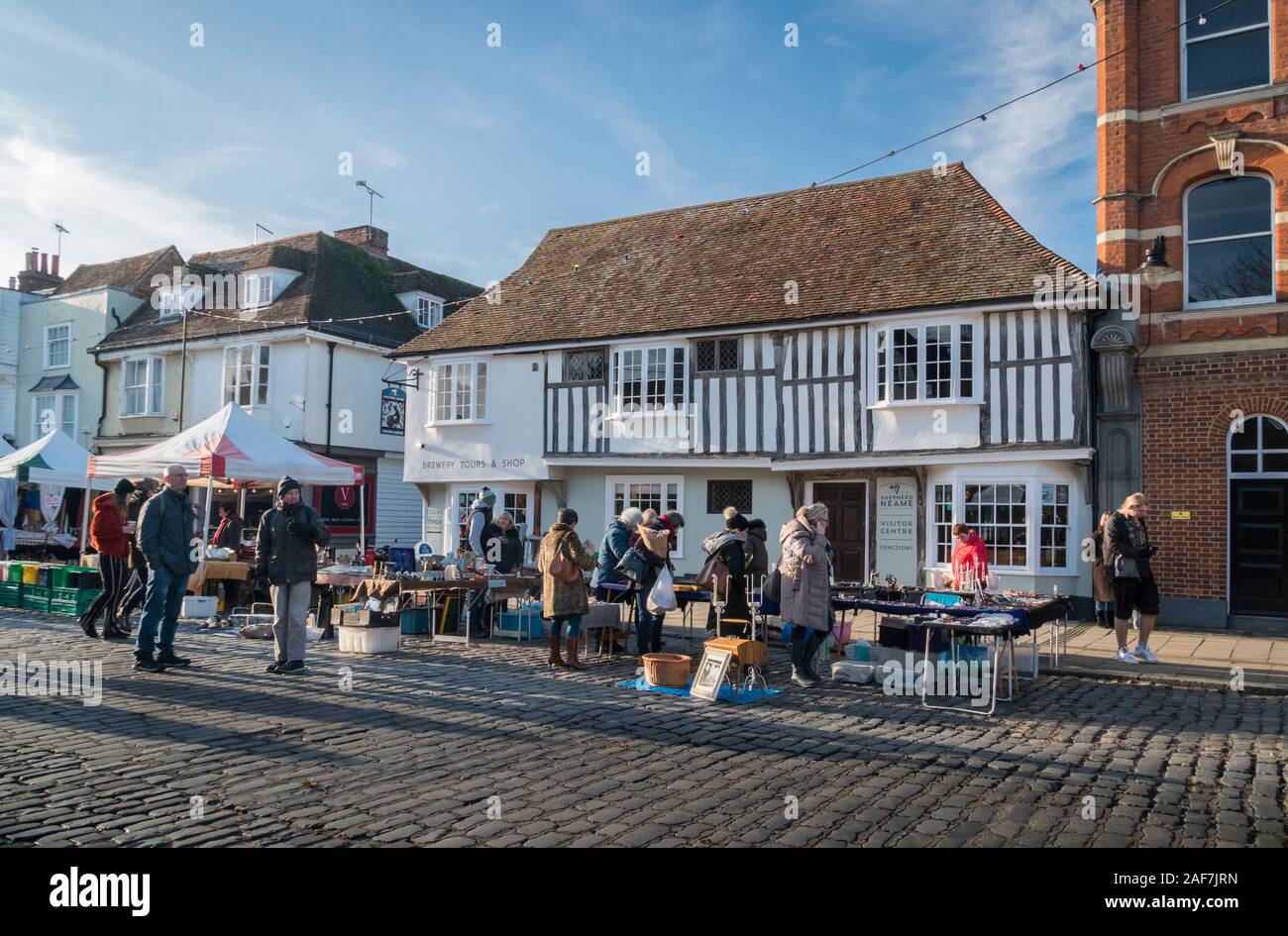Market stalls in the medieval market town of Faversham, Kent, UK Stock ...