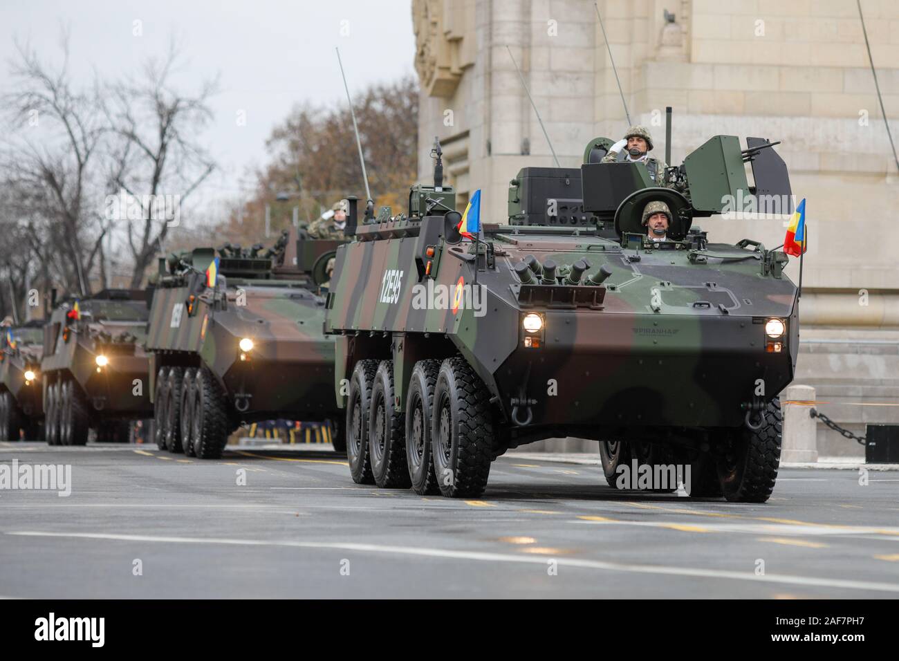 BUCHAREST, ROMANIA - December 1, 2019: Mowag Piranha armored military ...