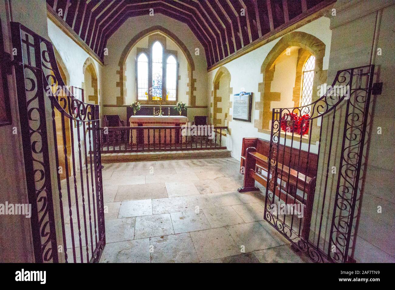The altar of the preserved parish church in the abandoned village of ...