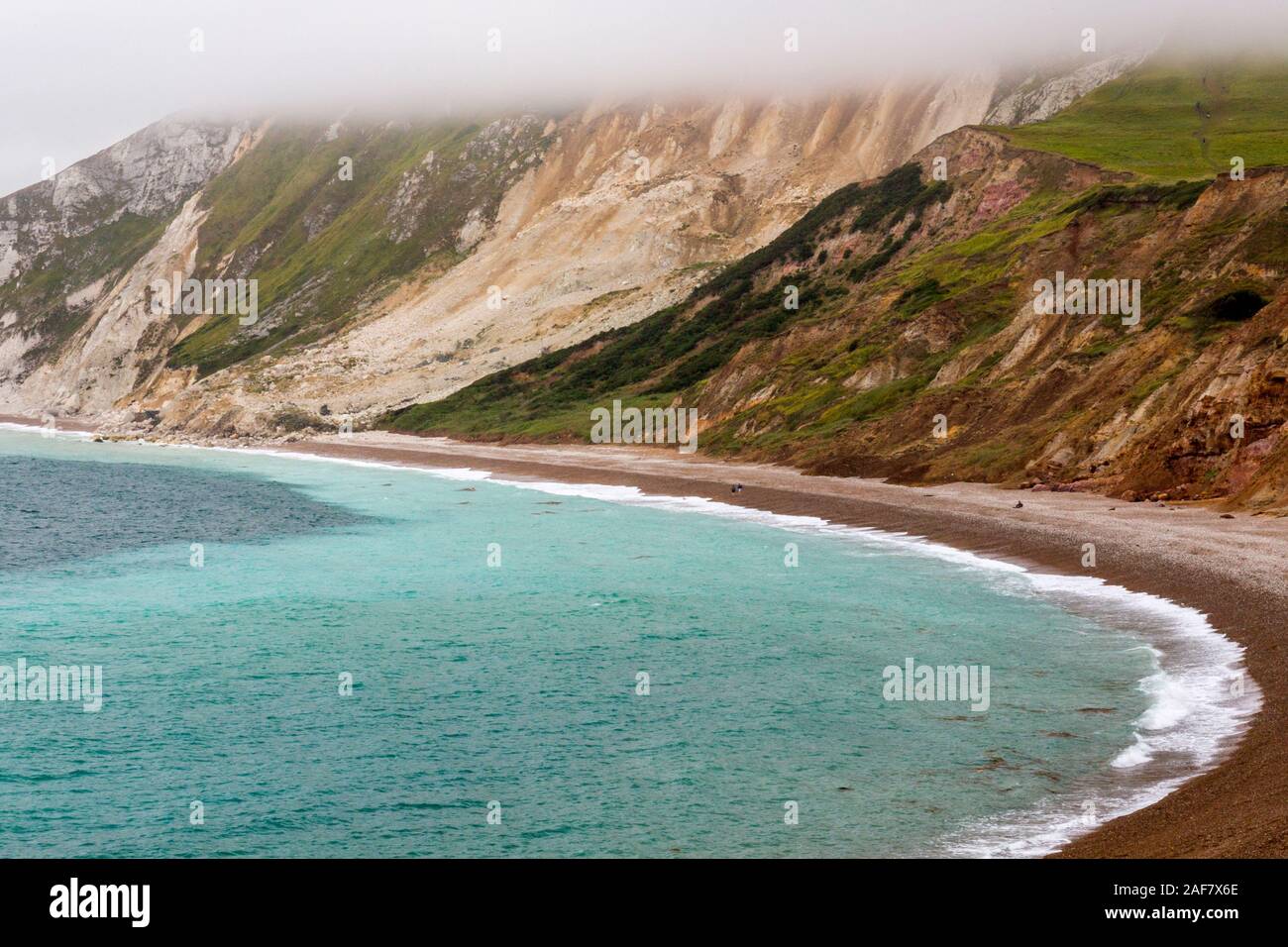 Low cloud partly obscures the full extent of a massive chalk cliff fall ...