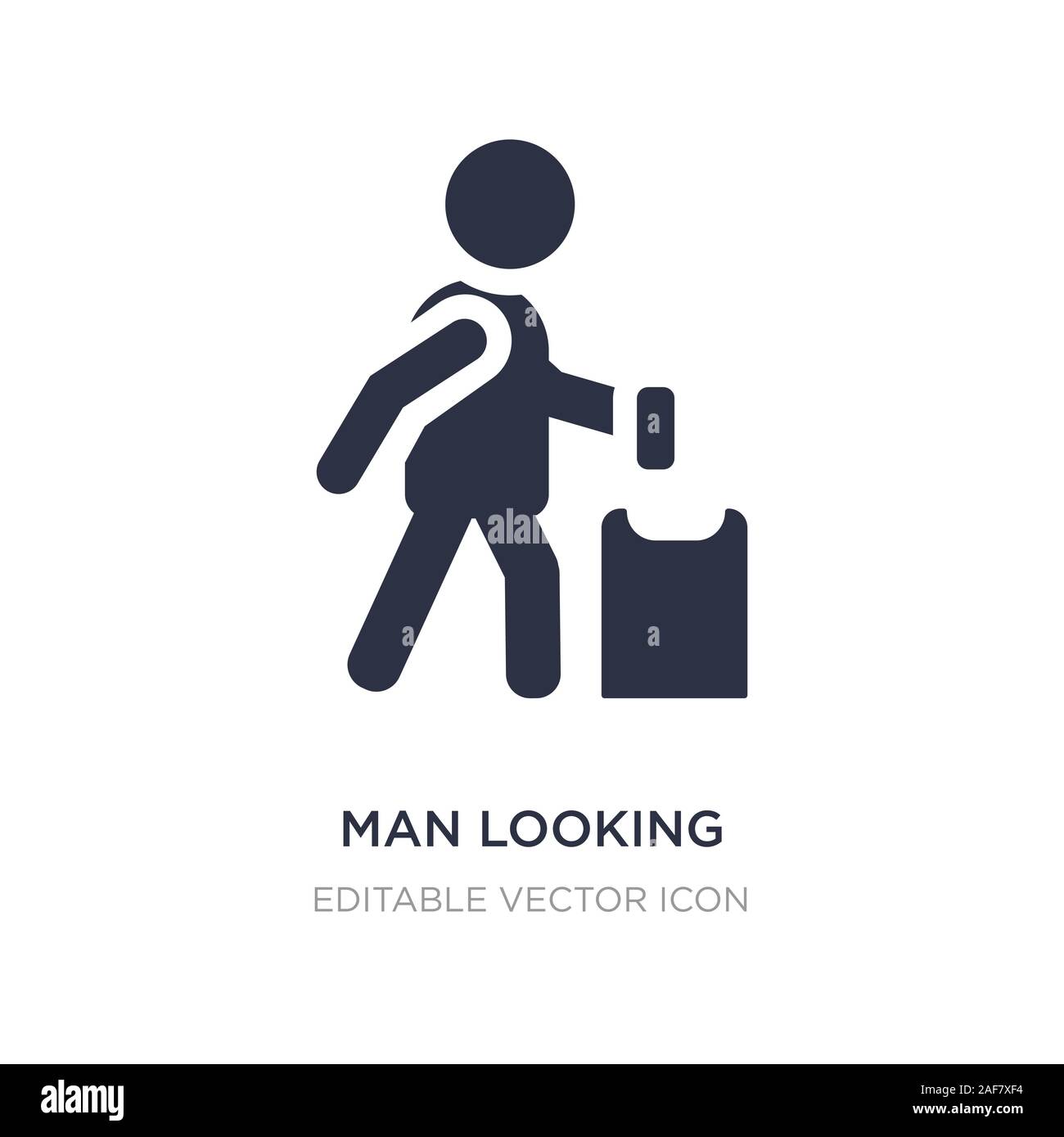 man looking through the garbage container icon on white background ...