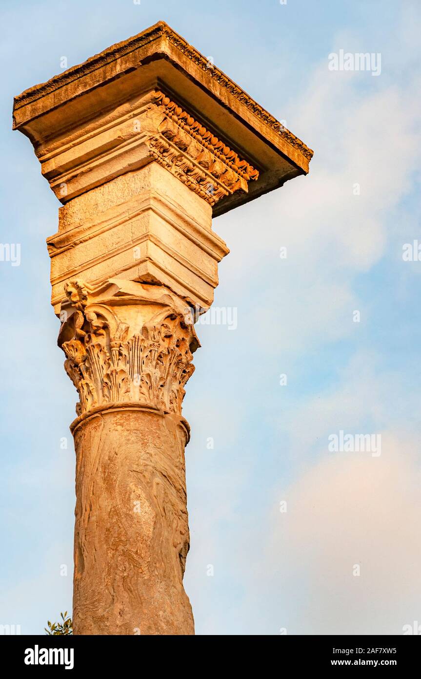A collumn at the Tempio del Divo Romolo at the Roman forum site in Rome ...
