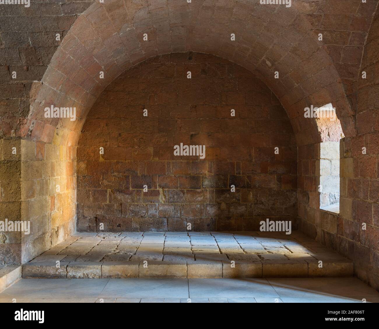 Hall at Mamluk era historic Prince Taz palace with vaulted stone bricks ...