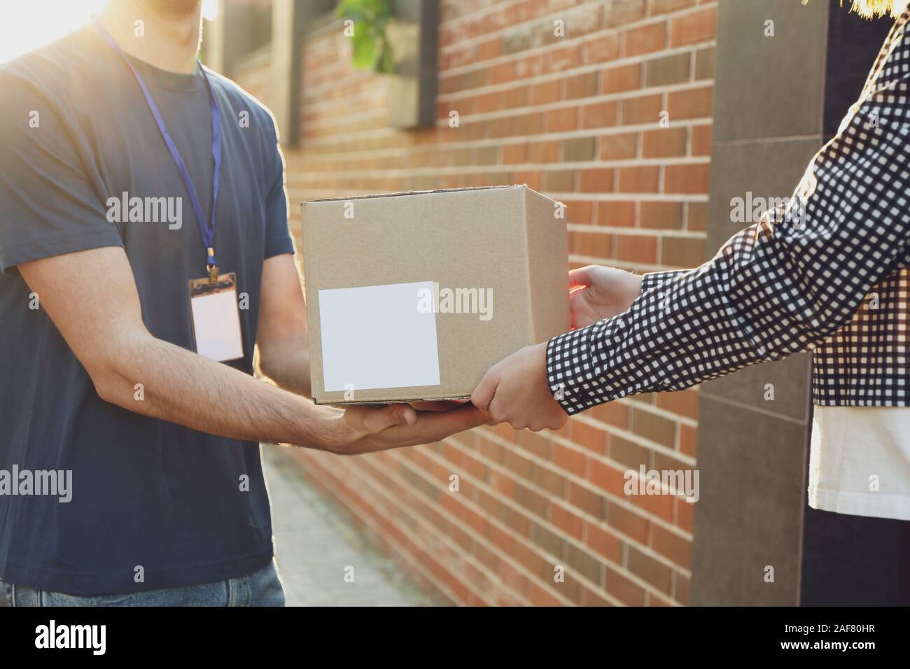 Woman receiving boxes from delivery man. Blank box Stock Photo - Alamy