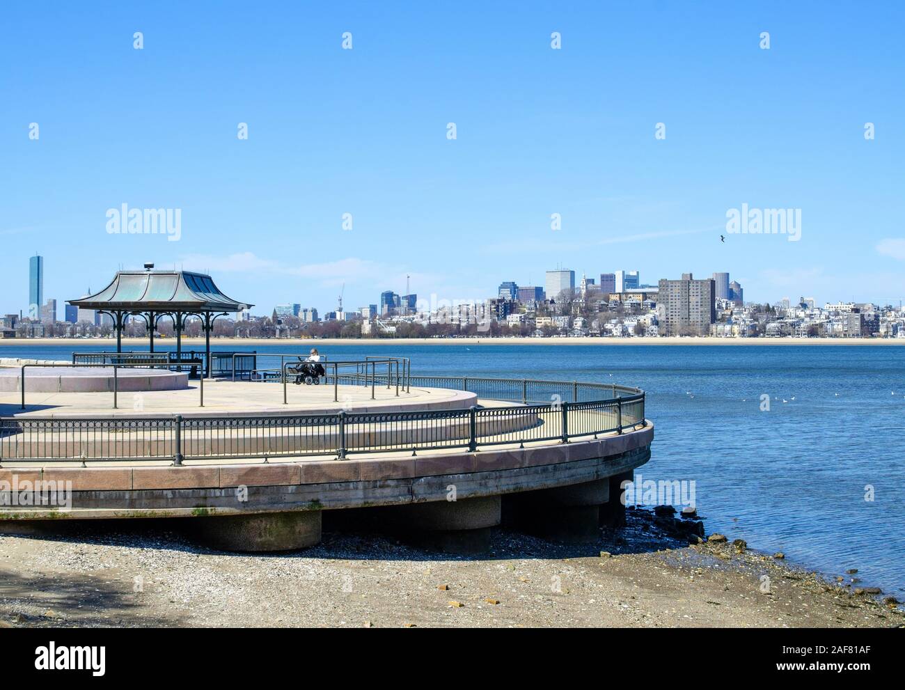 Scenic view with overlook to Boston skyline from the Harborwalk in the ...