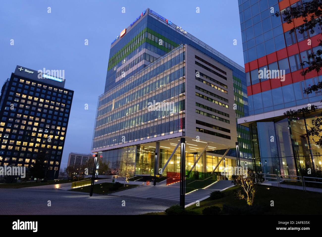 Bucharest, ROMANIA - December 29, 2017: Modern office buildings in the ...