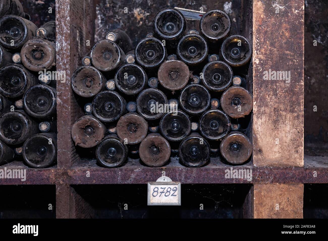 Ancient wine bottles resting, aging, dusting in underground cellar in ...