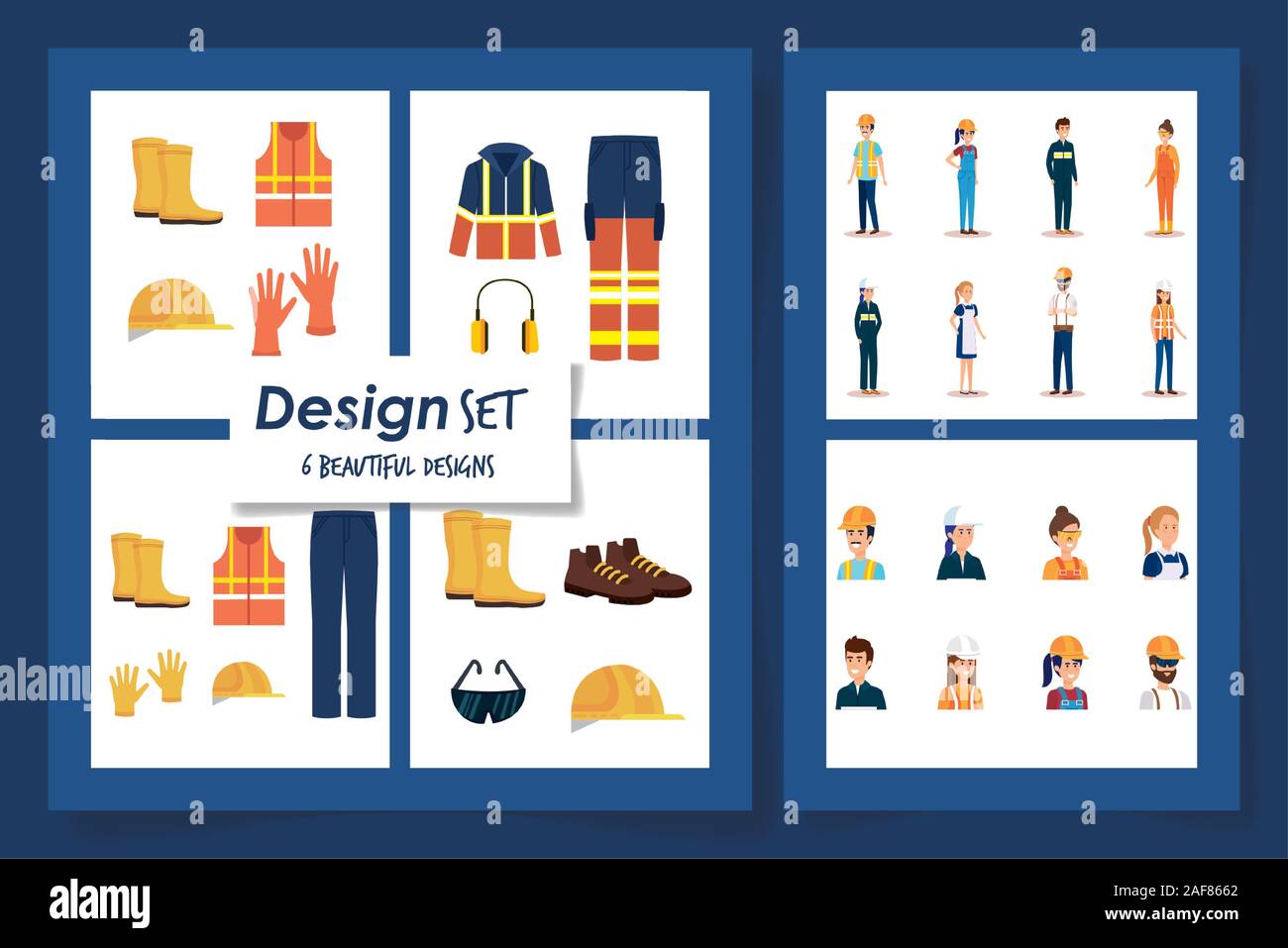 six designs of workers with uniforms and personal protection elements ...