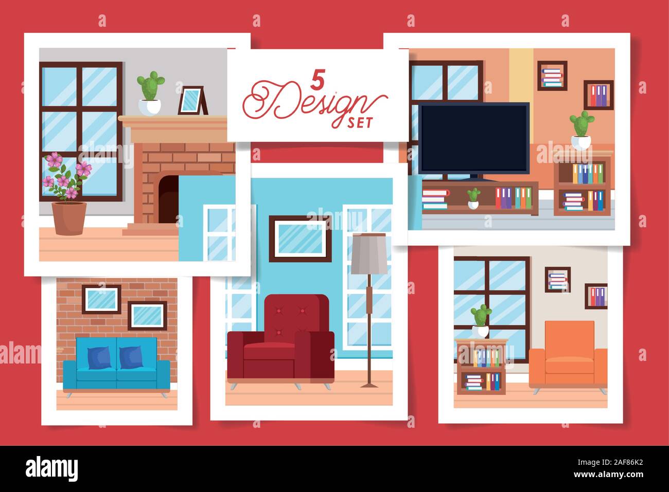 five designs of interiors living room with decoration Stock Vector ...