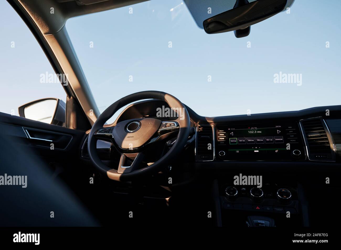Dashboard on focus. Inside modern car. Front panel, steering wheel ...