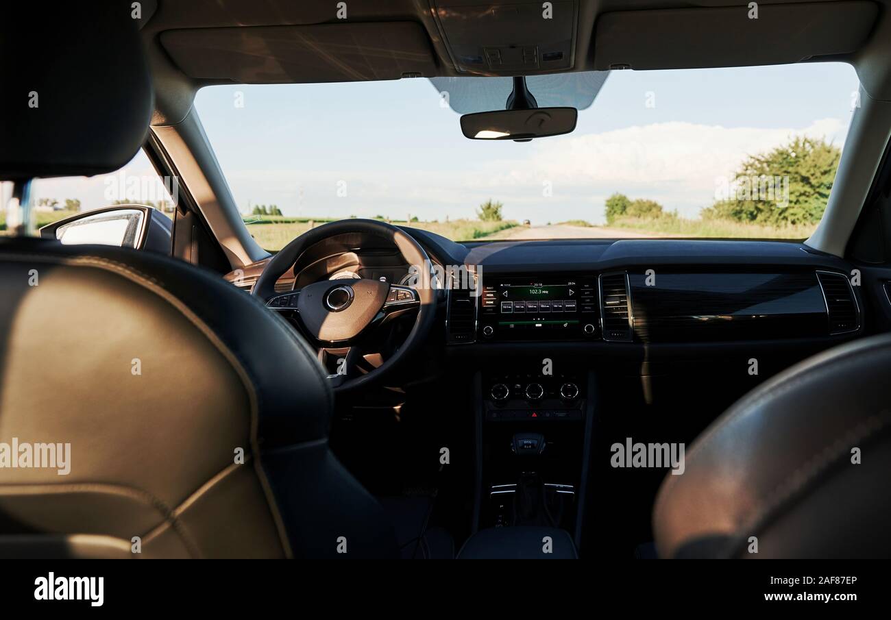 Steering wheel. Inside modern car. Front panel, quality material Stock ...