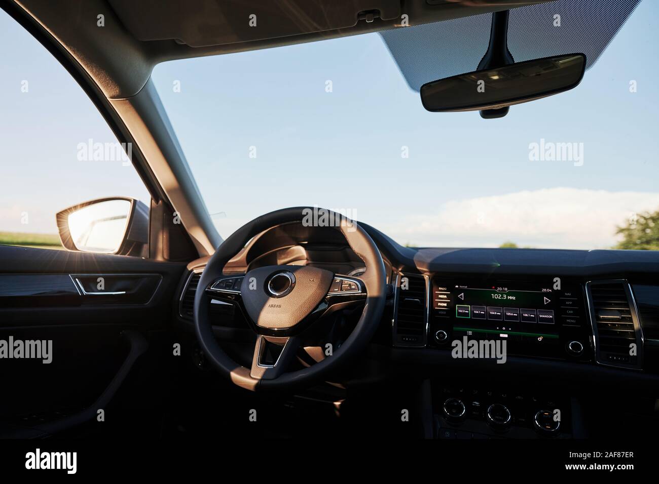 Quality material. Inside modern car. Front panel, steering wheel Stock ...